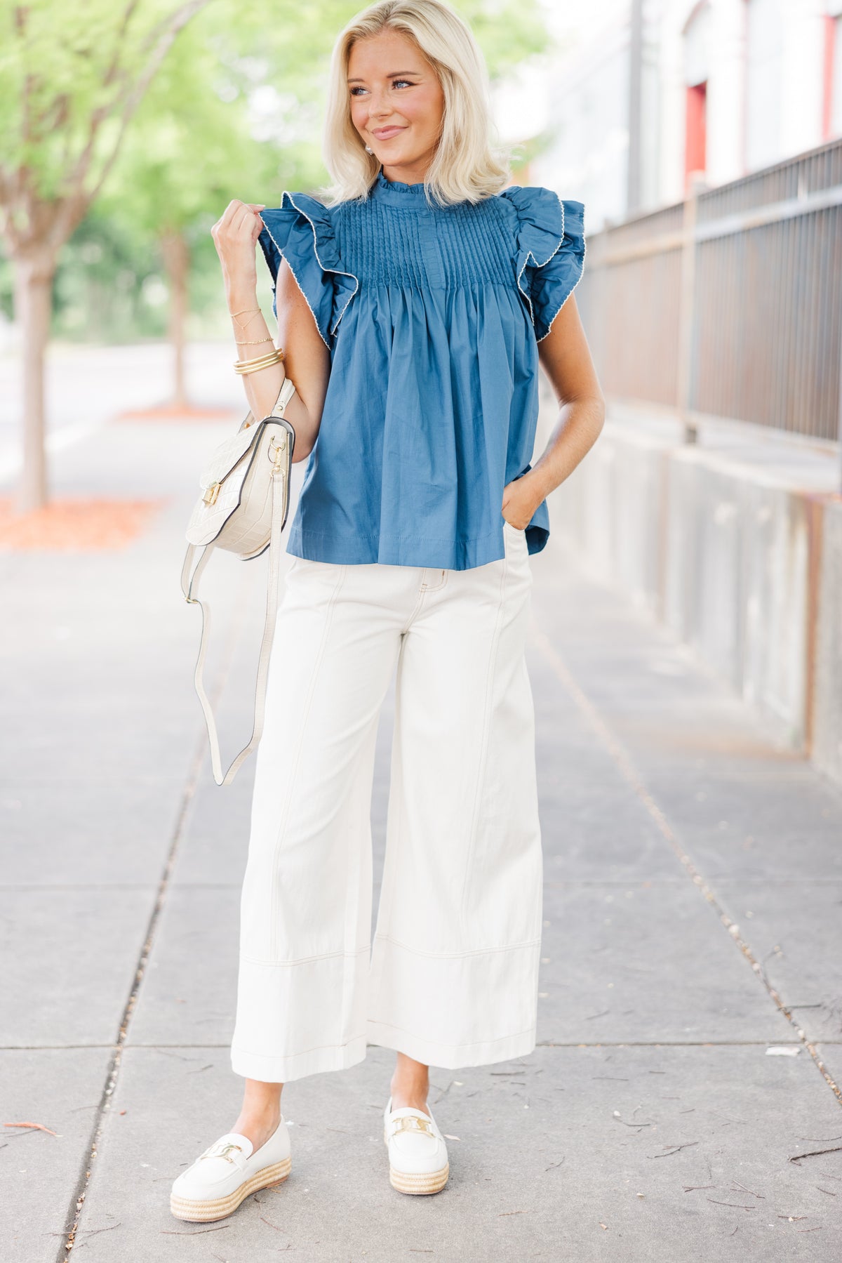 Here For The Happy Navy Blue Ruffled Blouse – Shop the Mint