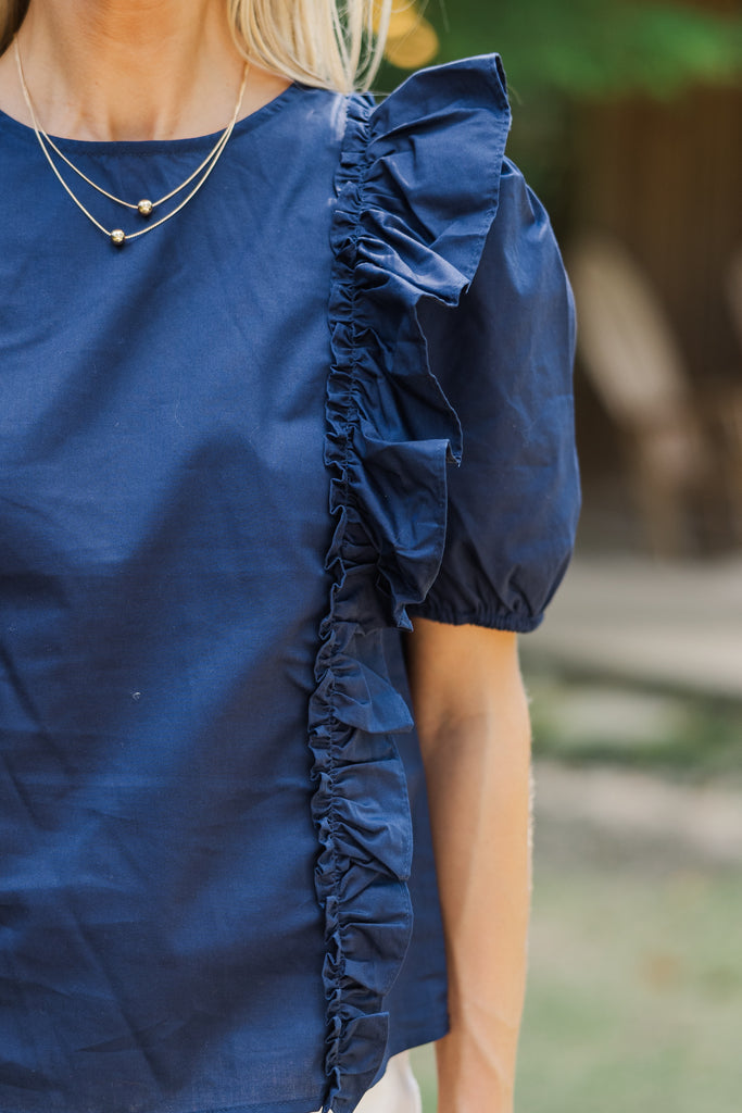 All To Give Navy Blue Ruffled Blouse – Shop the Mint