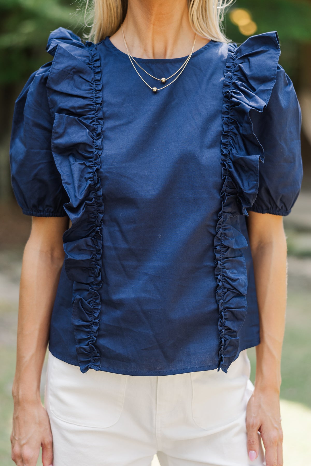 All To Give Navy Blue Ruffled Blouse – Shop the Mint
