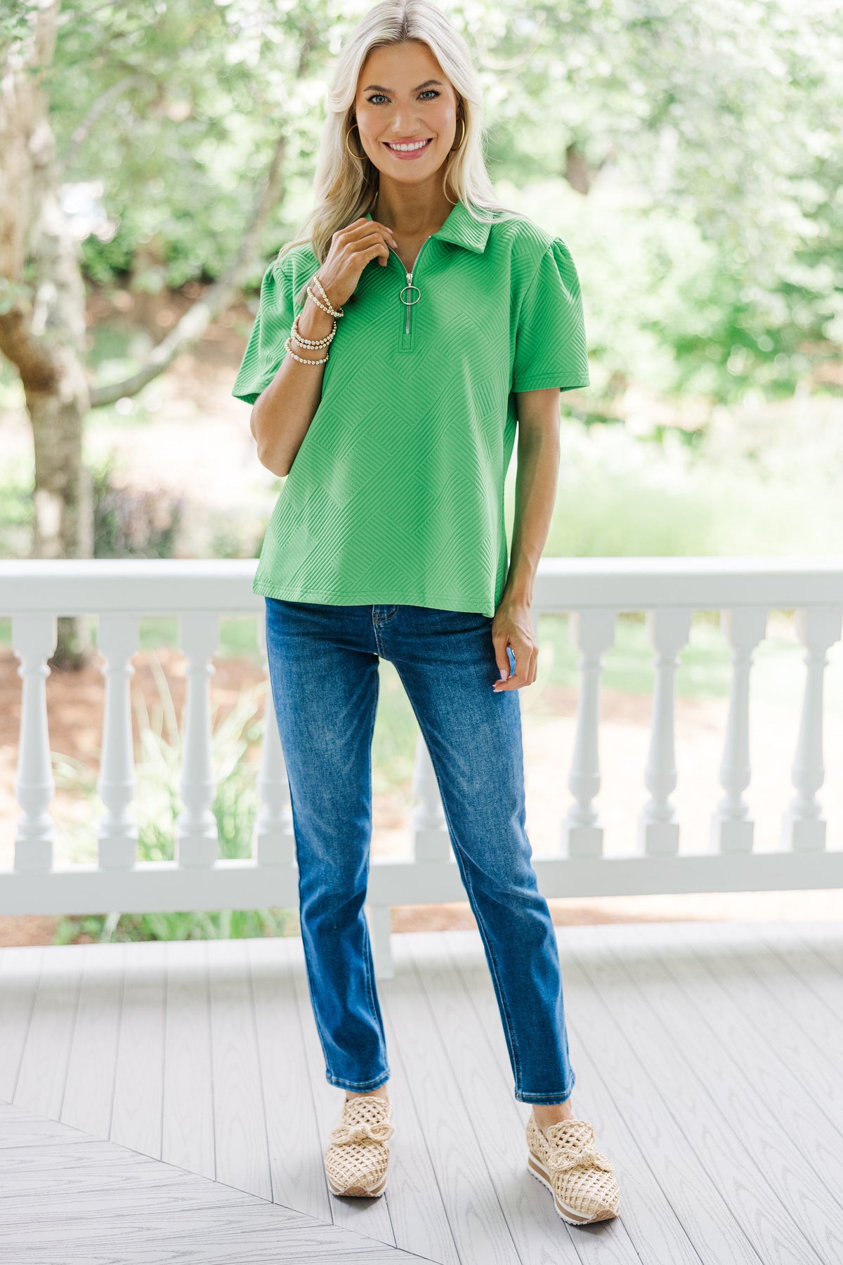 Fine Line Finishings Green Textured Blouse – Shop the Mint