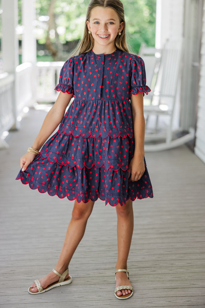 Girls: Perfectly Paired Navy Blue Apple Print Dress – Shop the Mint