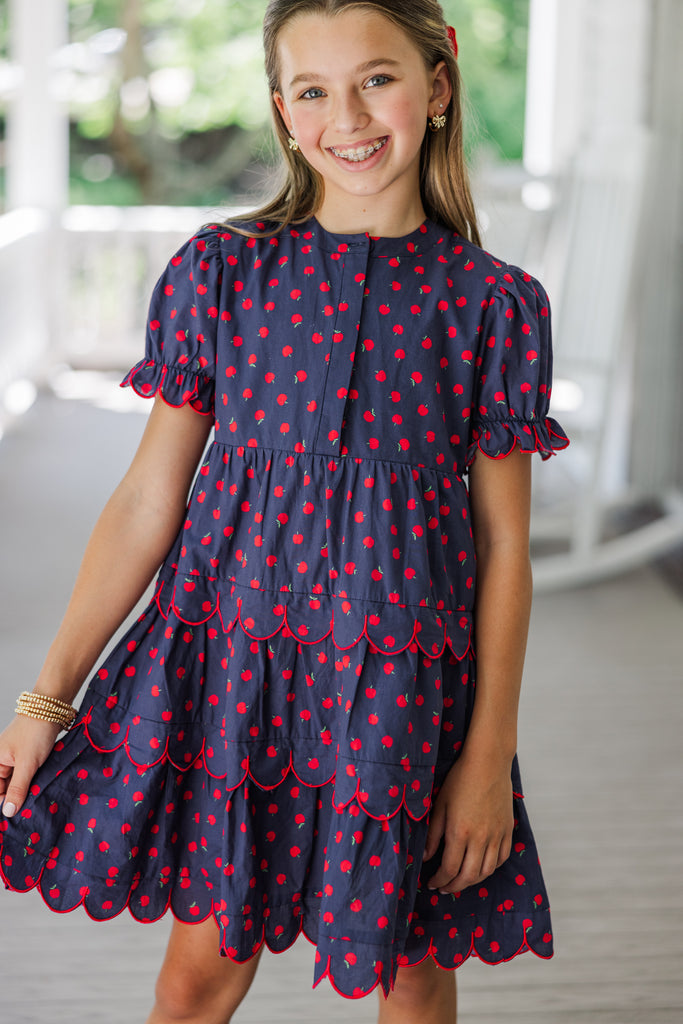 Girls: Perfectly Paired Navy Blue Apple Print Dress – Shop the Mint