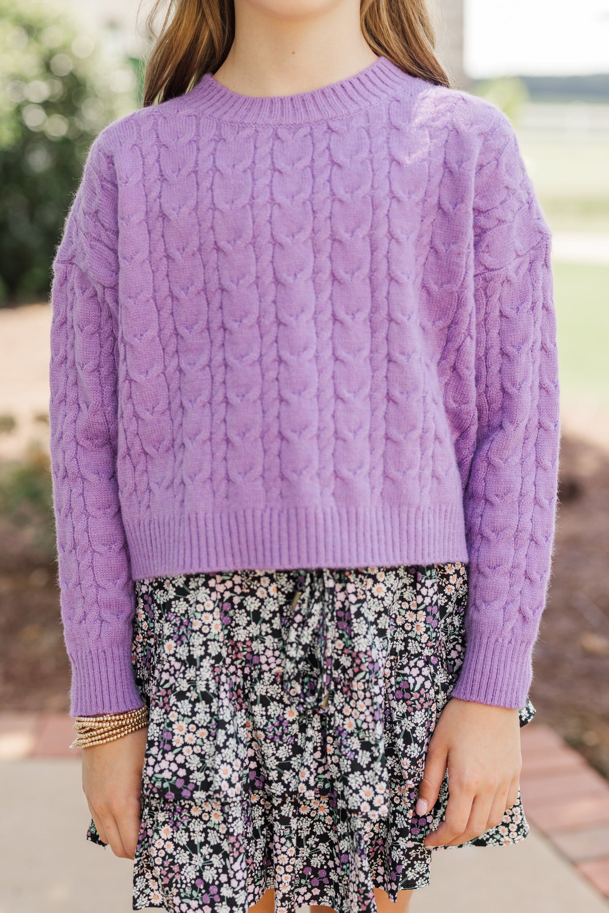 Girls: The Kelcie Back Purple Cable Knit Crop Sweater – Shop the Mint