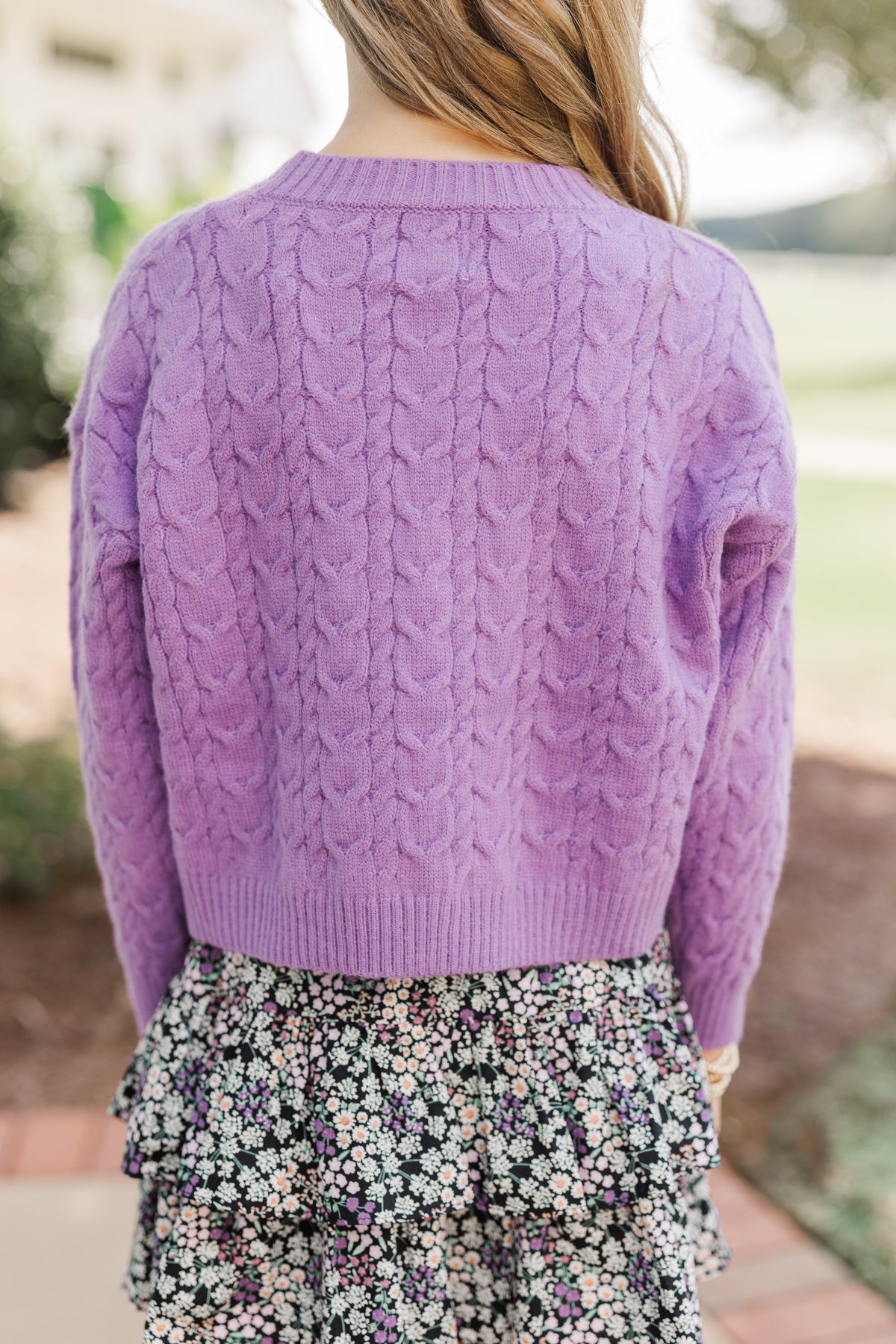 Girls: The Kelcie Back Purple Cable Knit Crop Sweater – Shop the Mint