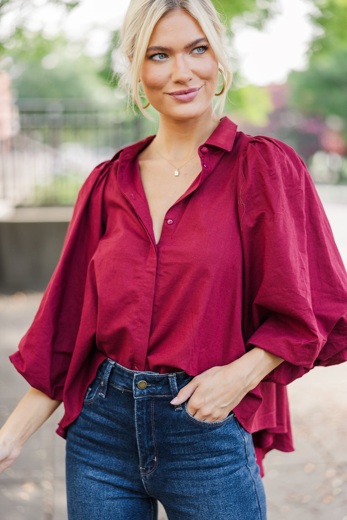 Let's Run Burgundy Red Bubble Sleeve Blouse – Shop the Mint