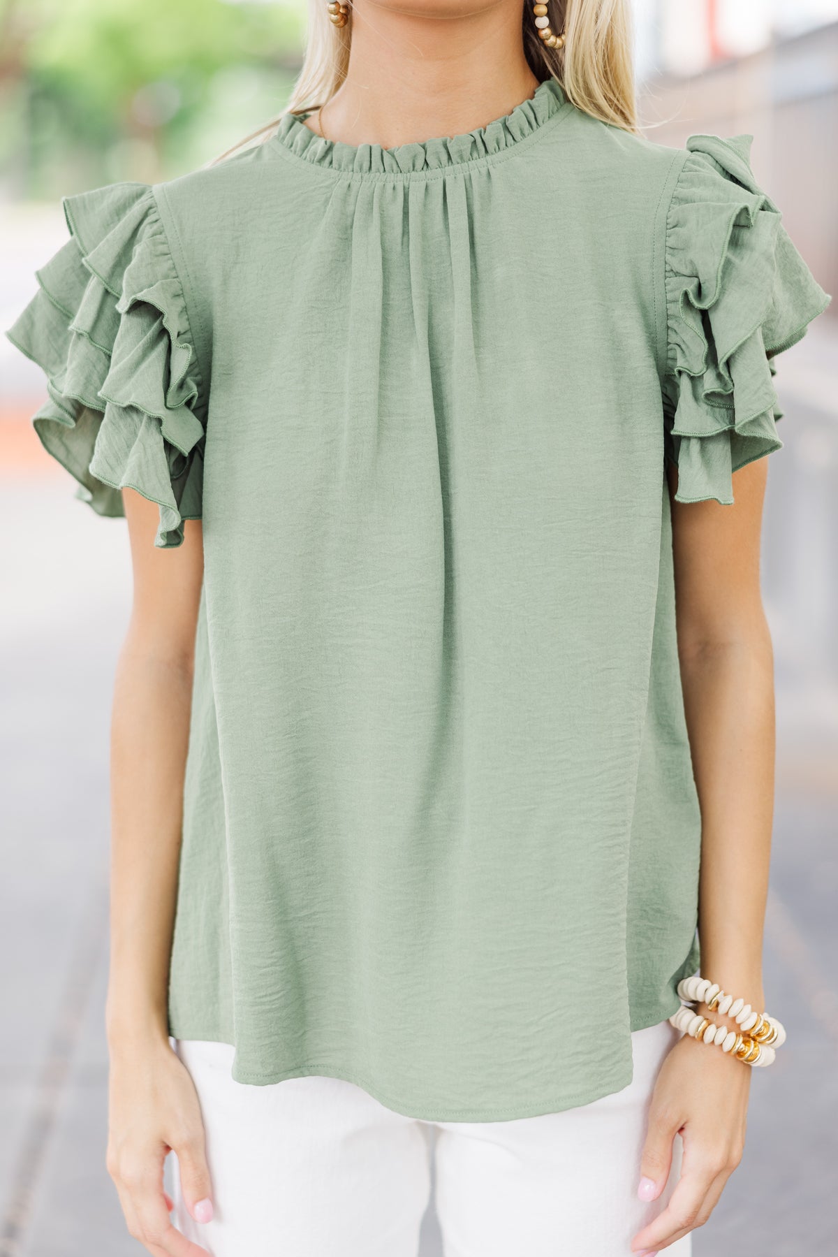 See You Out Light Olive Green Ruffled Blouse – Shop the Mint