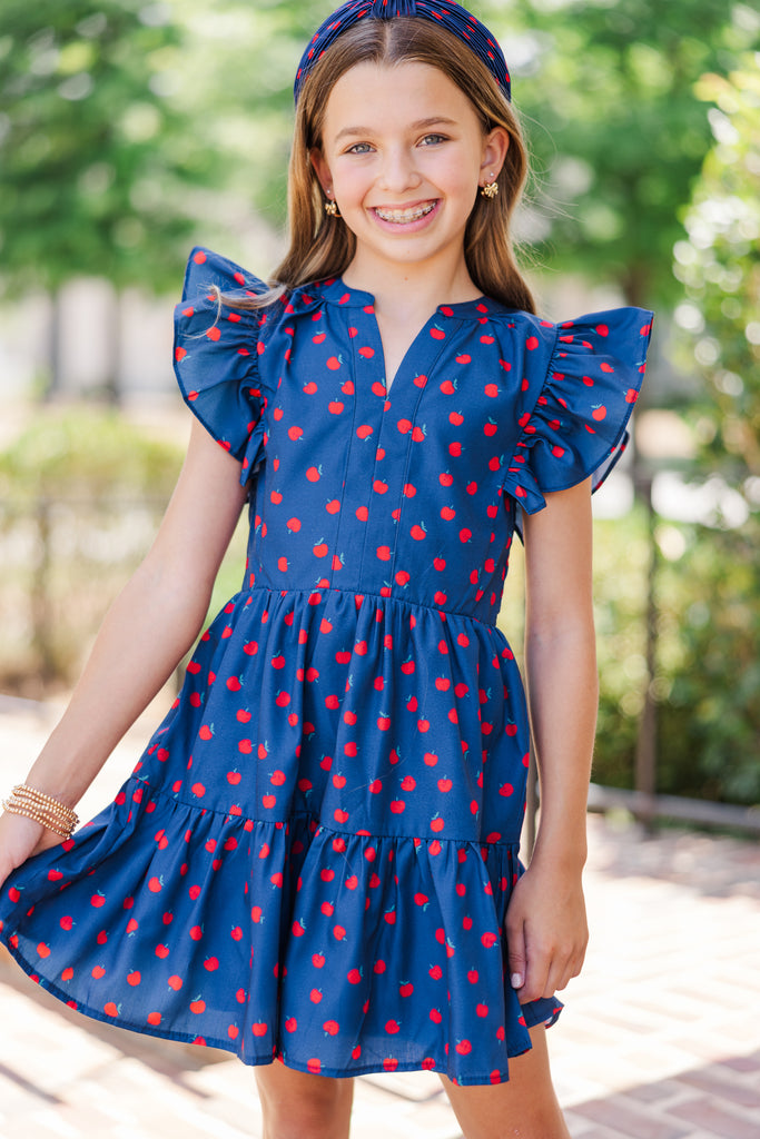 Girls: At This Time Navy Blue Apple Print Dress – Shop the Mint