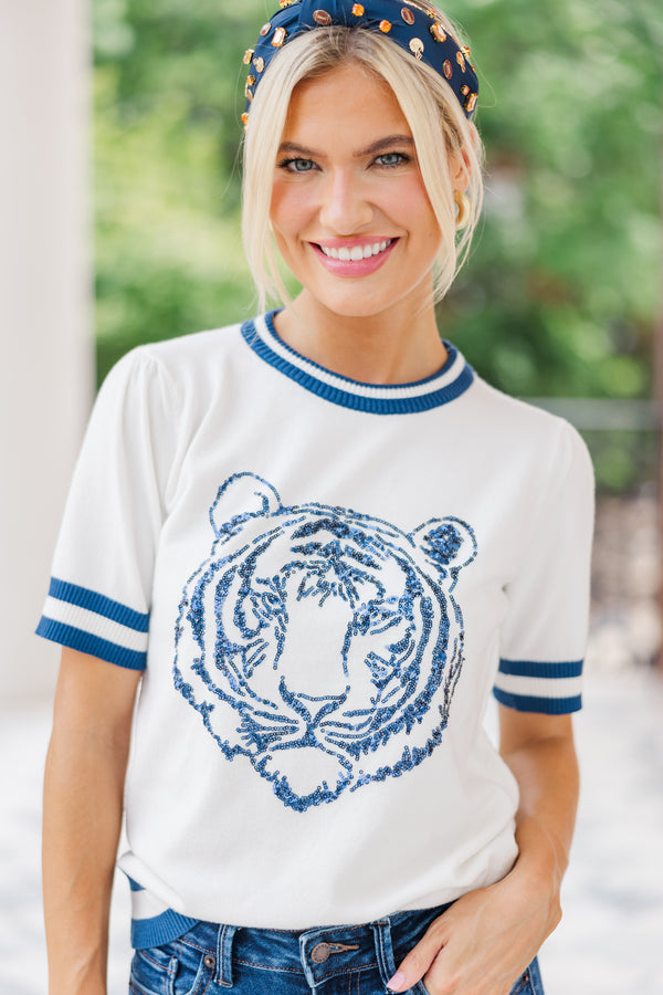 Stay In Character White/Navy Tiger Sweater – Shop the Mint