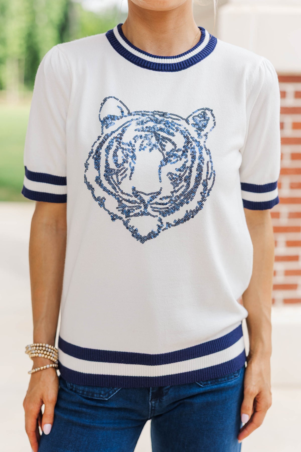 Stay In Character White/Navy Tiger Sweater – Shop the Mint