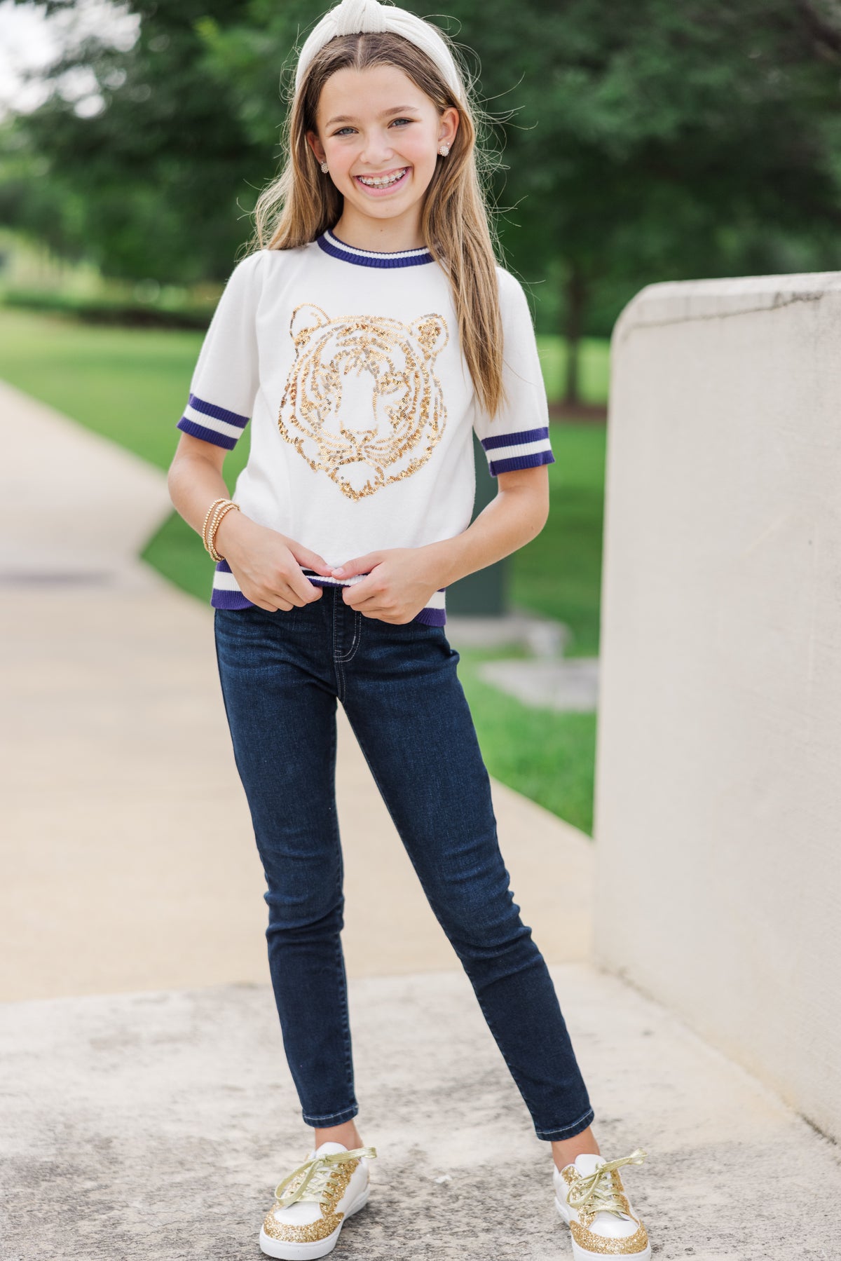 Girls: Stay In Character Gold/Purple Tiger Sweater – Shop the Mint