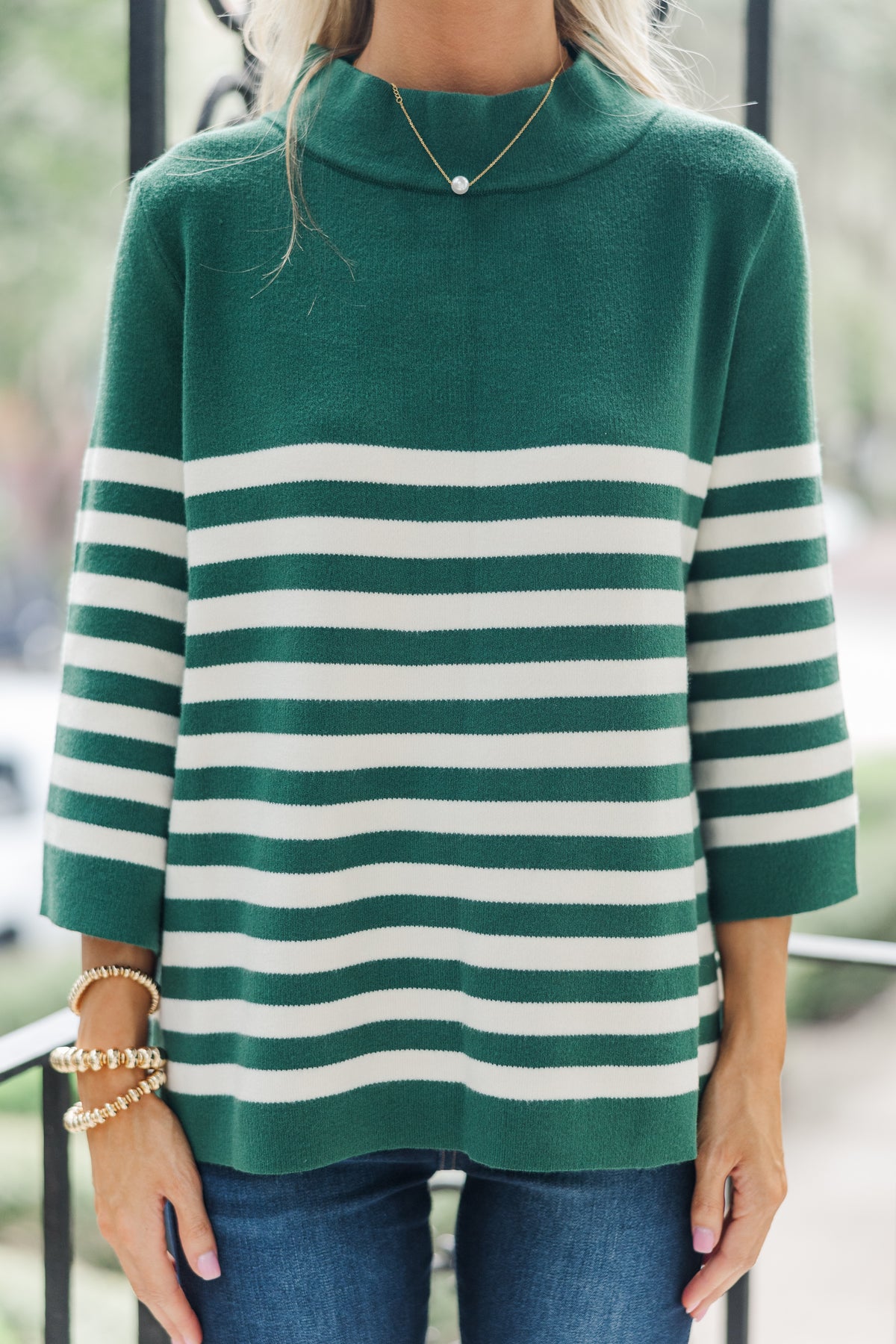 Just A Feeling Emerald Green Striped Mock Neck Sweater – Shop the Mint