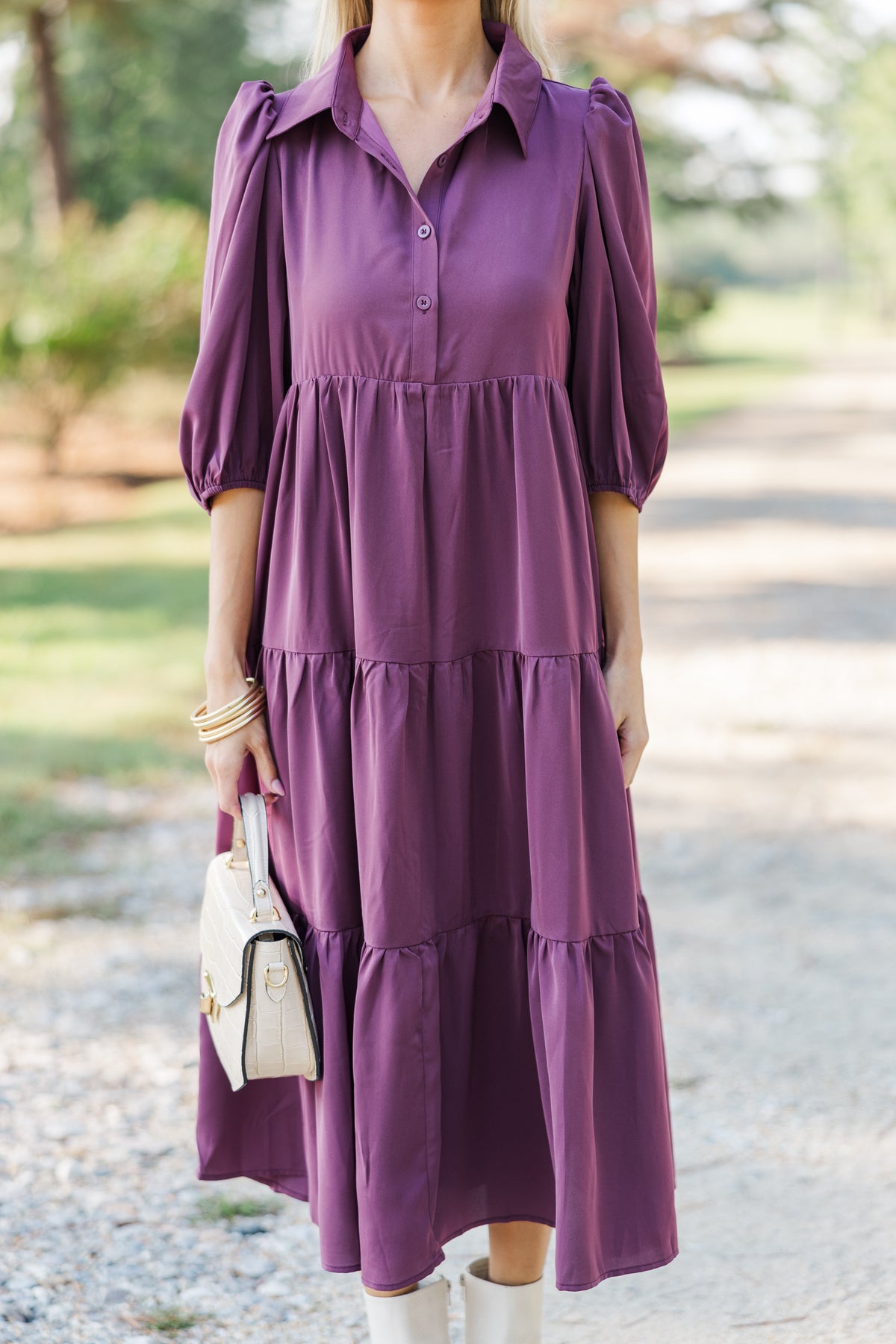 Love Found Plum Purple Tiered Midi Dress – Shop the Mint