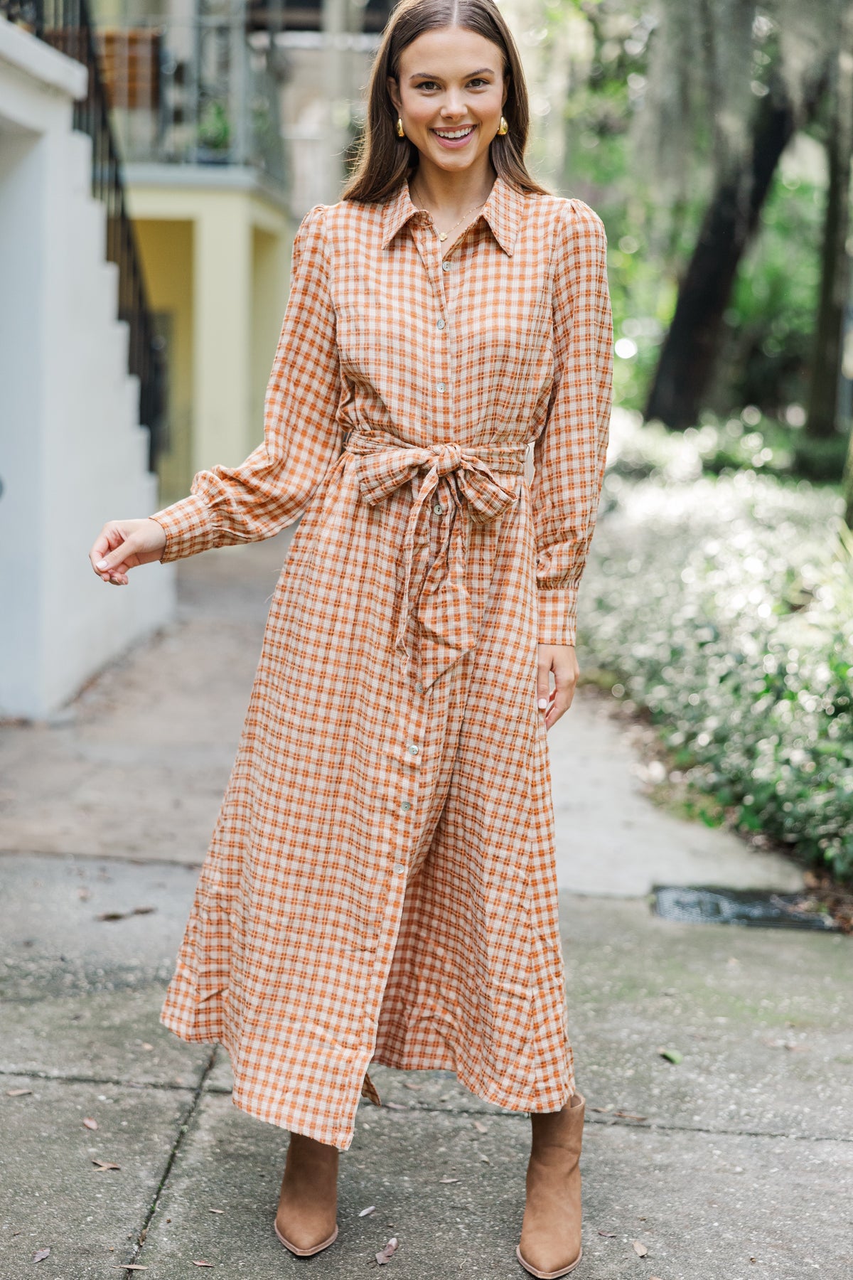 Harvest Wishes Rust Orange Gingham Midi Dress – Shop the Mint