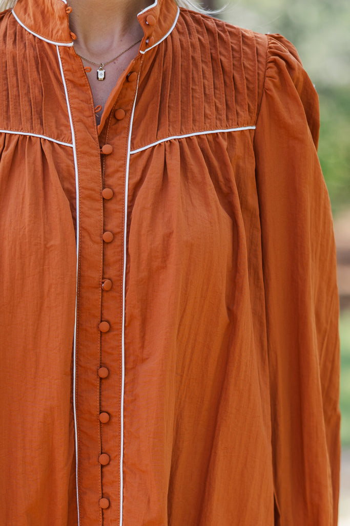 Behind The Scenes Rust Orange Contrast Dress – Shop the Mint