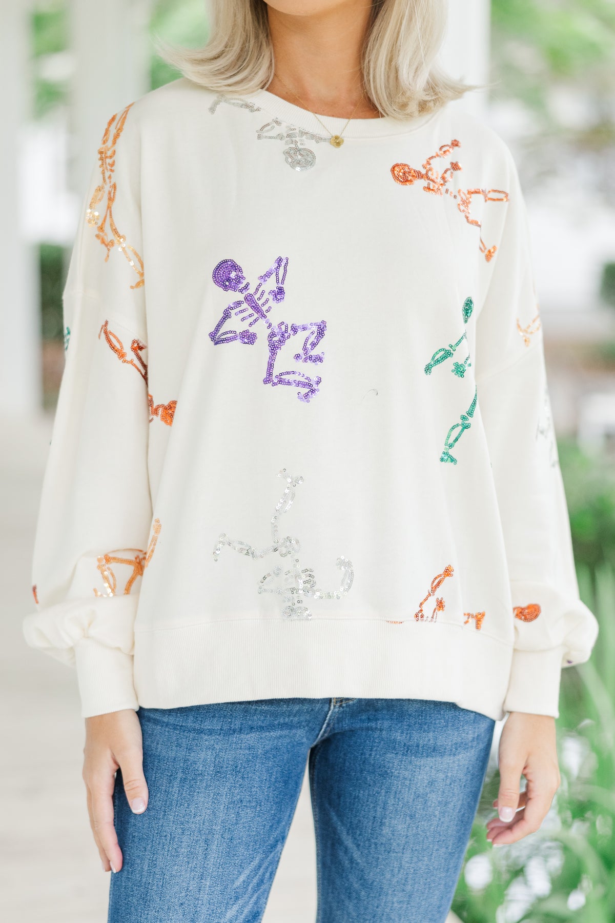 Skeleton Dance Cream White Sequin Pullover – Shop the Mint