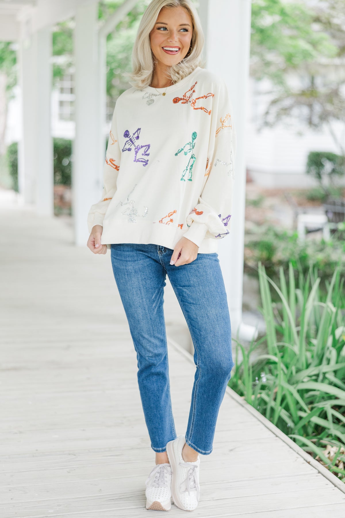 Skeleton Dance Cream White Sequin Pullover – Shop the Mint