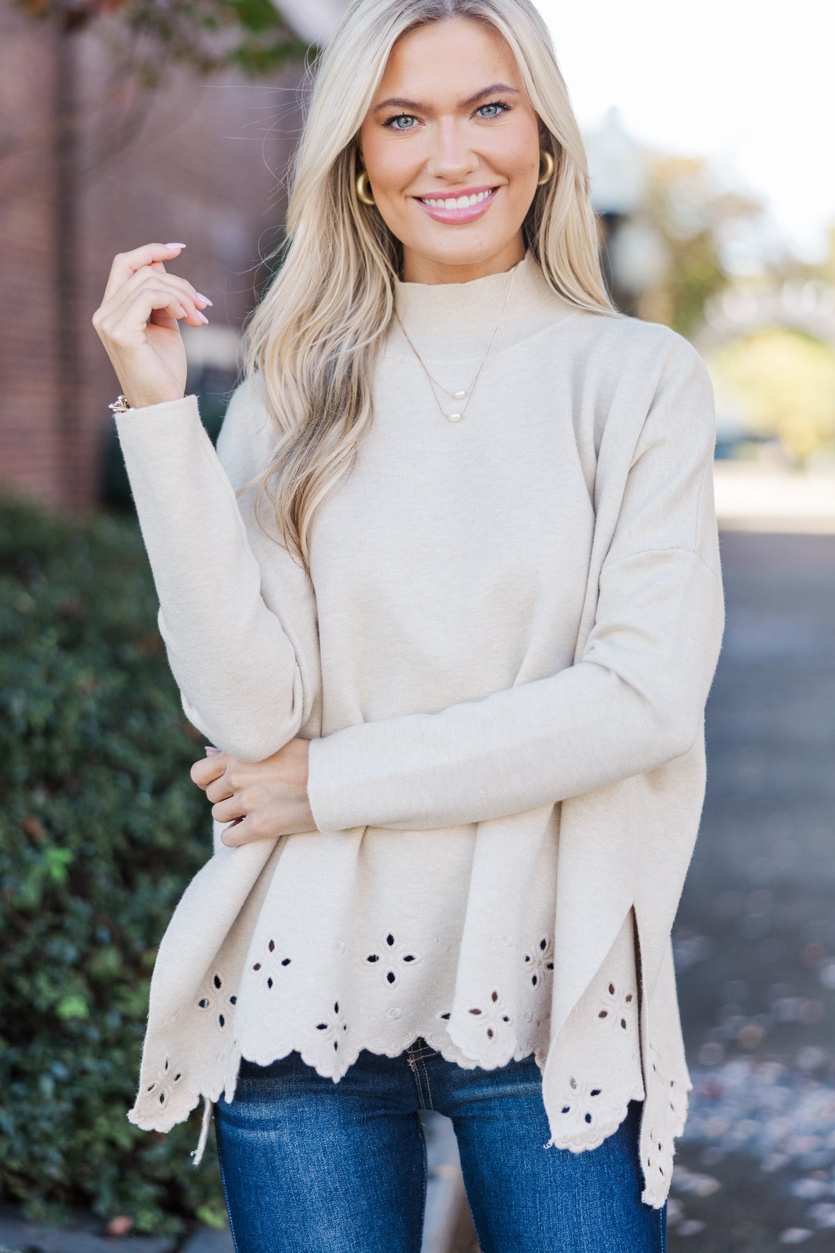 All That You Love Oatmeal Laser Cut Tunic Sweater – Shop the Mint