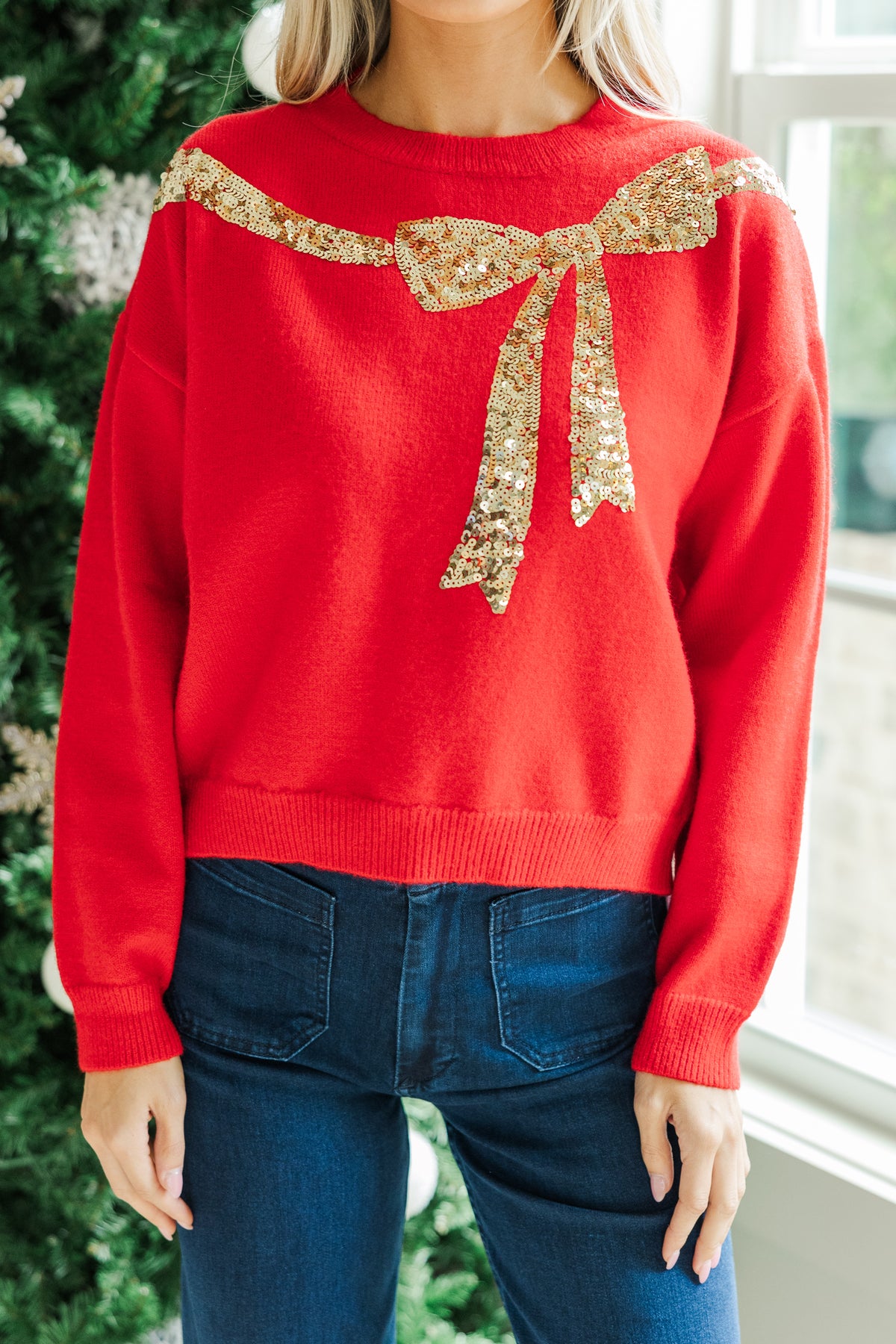 Always Present Red Sequin Bow Sweater – Shop the Mint