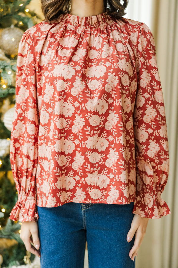 Tried And True Brick Red Floral Ruffled Blouse – Shop the Mint