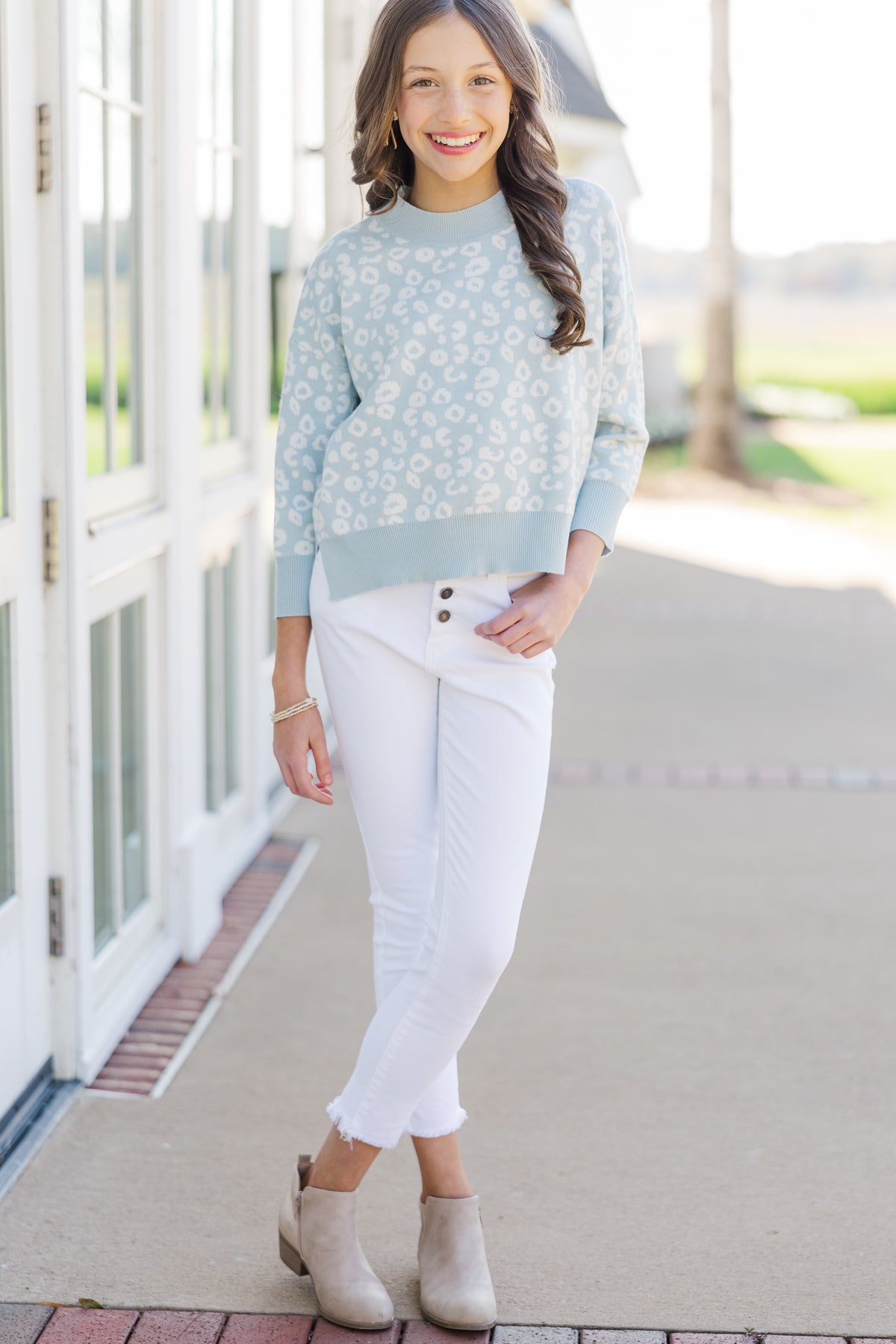 Girls: Perfectly You Light Blue Leopard Sweater – Shop the Mint