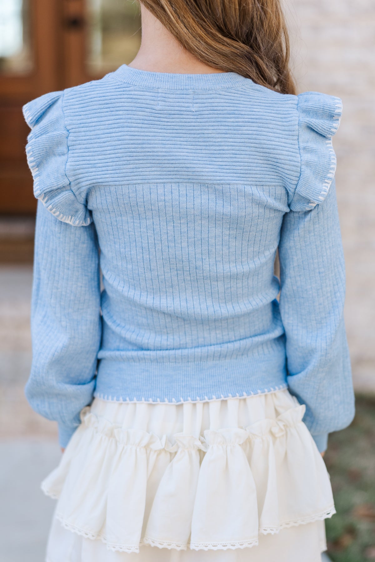 Girls: The Michelle Light Blue Ruffled Sweater – Shop the Mint