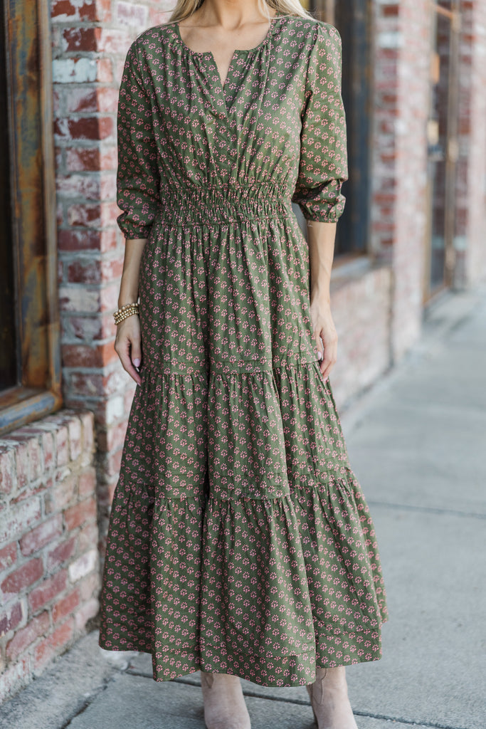 It's In The Air Olive Green Floral 3/4 Sleeve Midi Dress – Shop the Mint