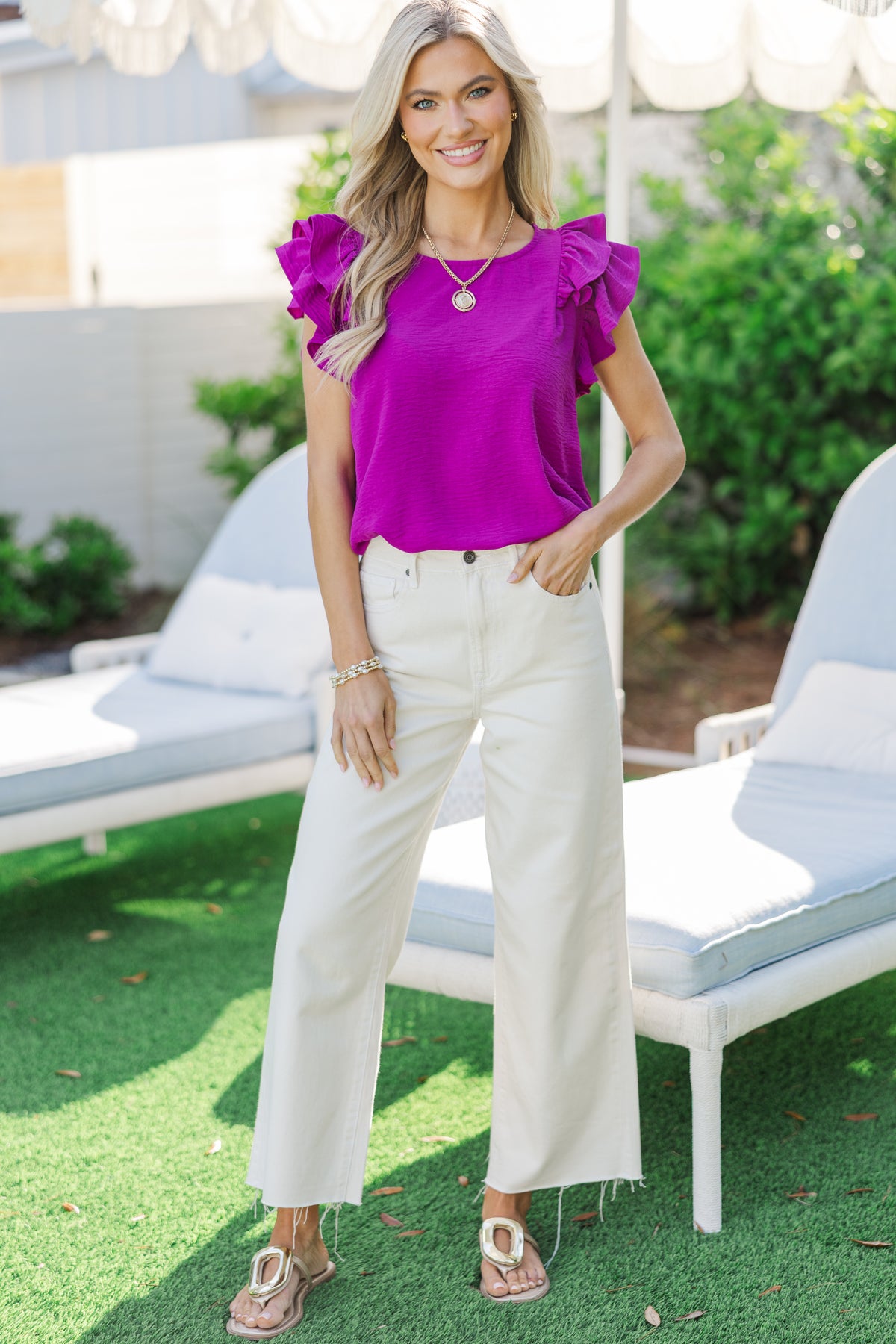 Time For Travel Purple Ruffled Top – Shop the Mint