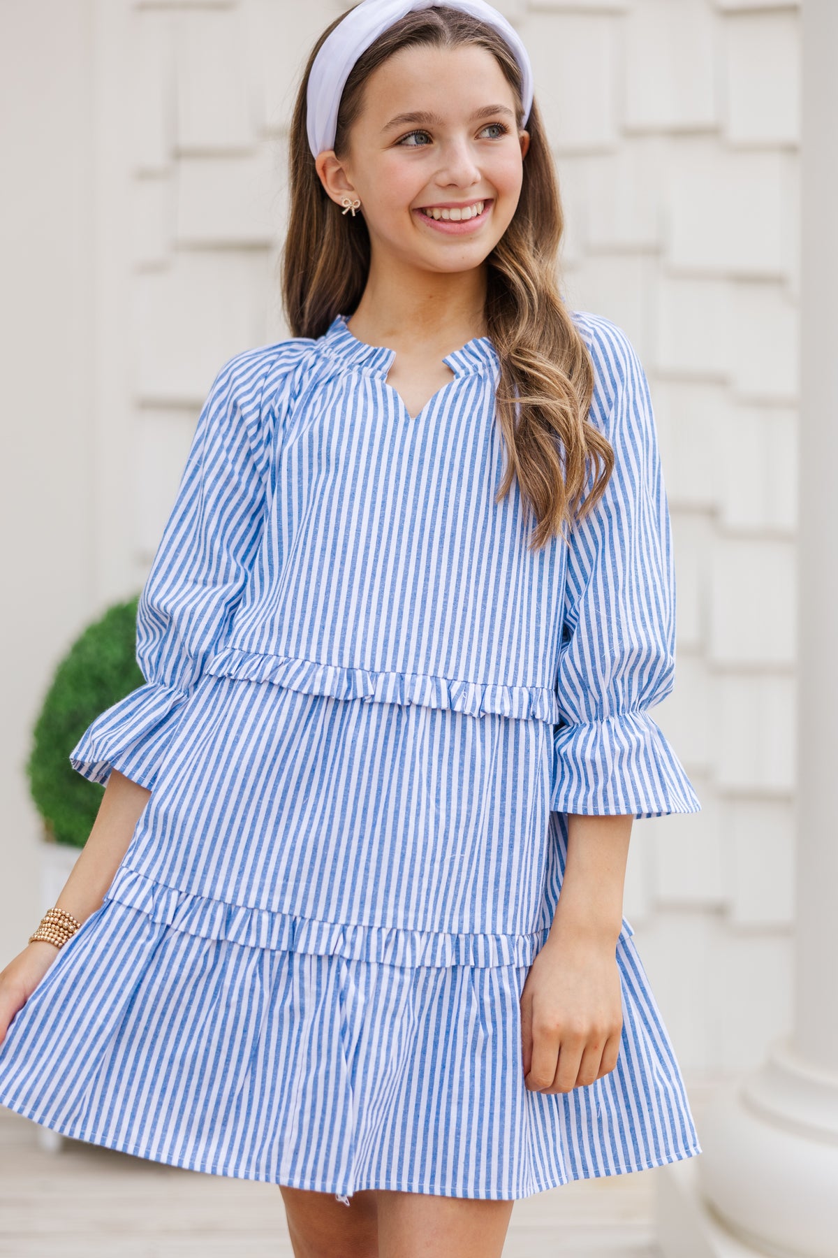 Girls: Always In the Lead Blue Striped Linen Dress – Shop the Mint
