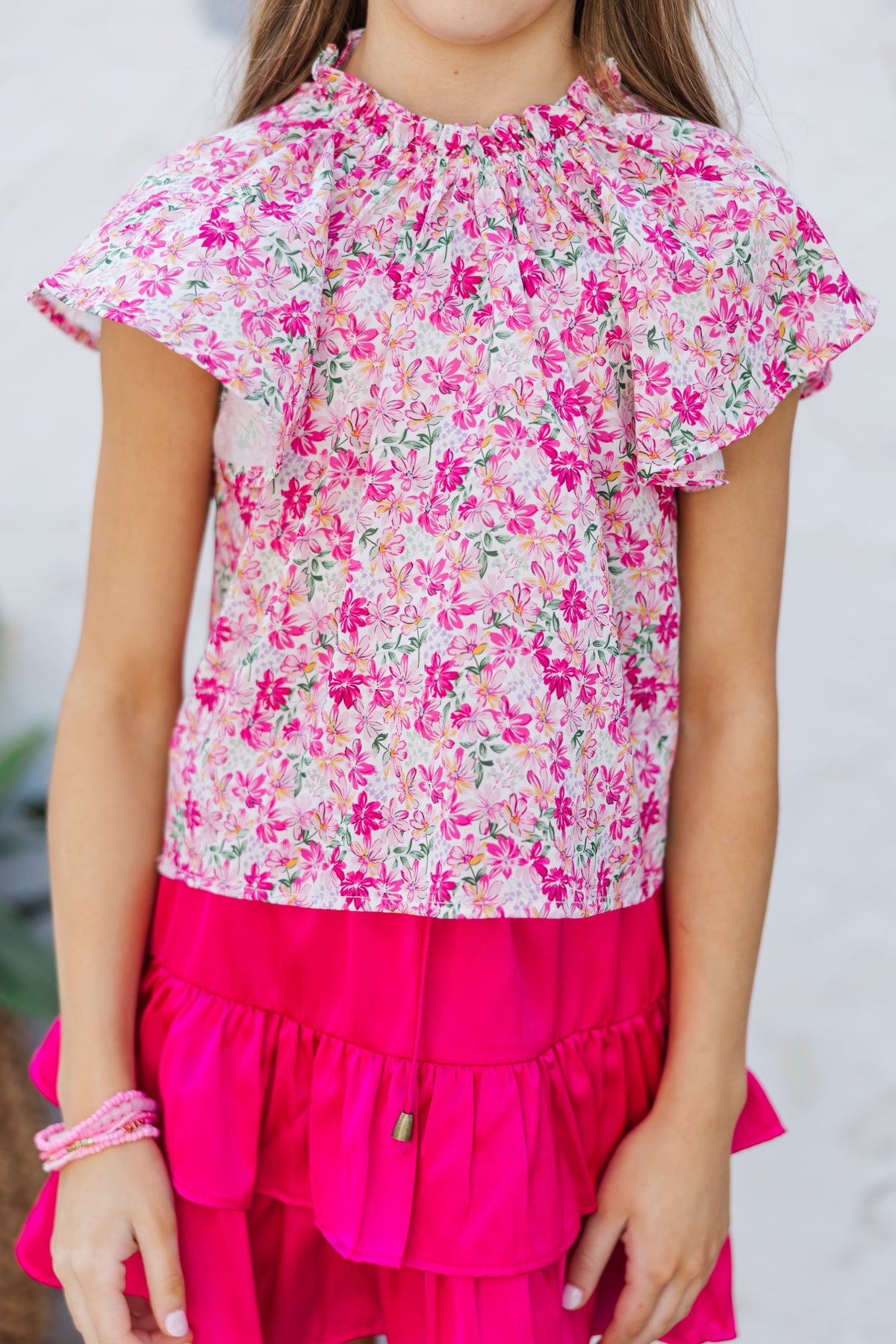 Girls: As It Happens Pink Ditsy Floral Flutter Blouse – Shop the Mint
