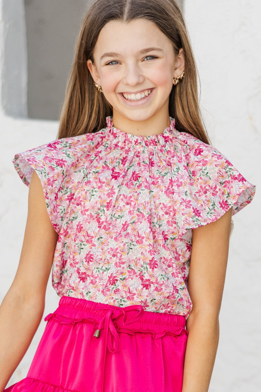 Girls: As It Happens Pink Ditsy Floral Flutter Blouse – Shop the Mint
