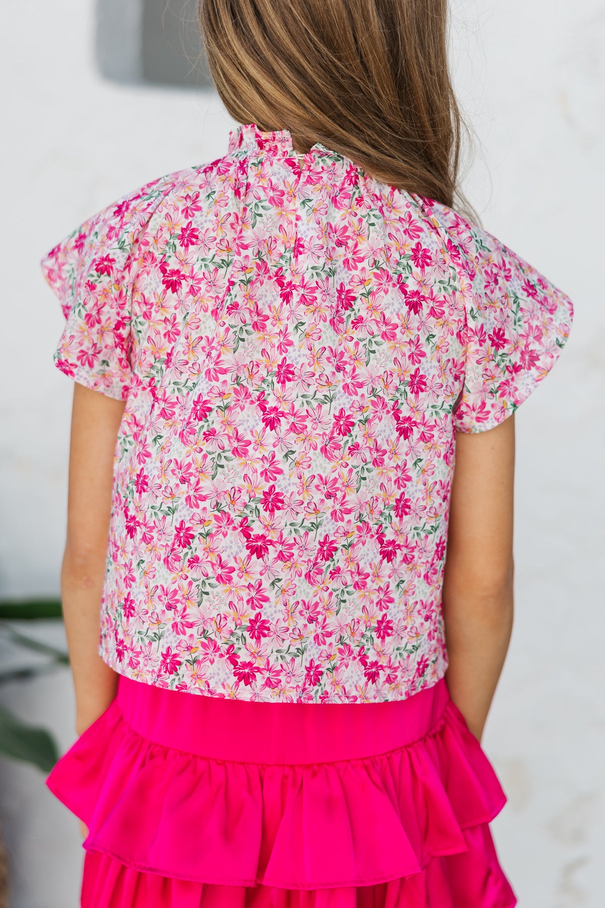 Girls: As It Happens Pink Ditsy Floral Flutter Blouse – Shop the Mint