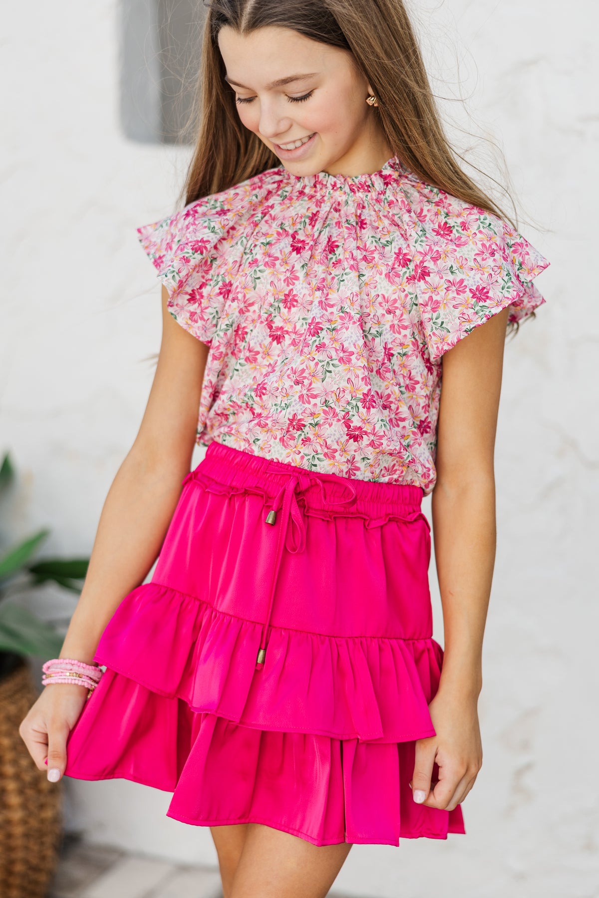 Girls: As It Happens Pink Ditsy Floral Flutter Blouse – Shop the Mint