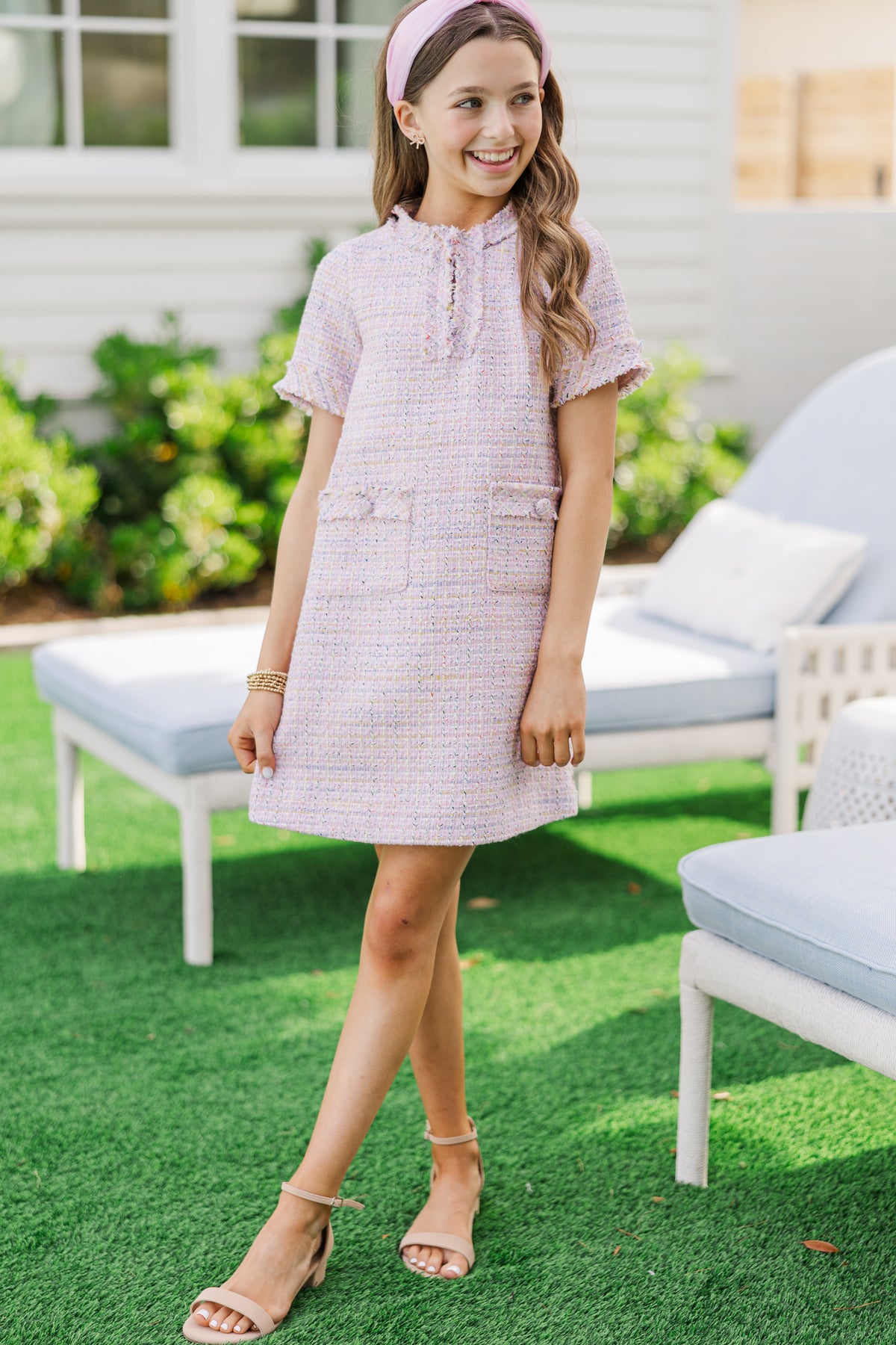 Girls: The Dorothy Pink Tweed Fringe Dress – Shop the Mint