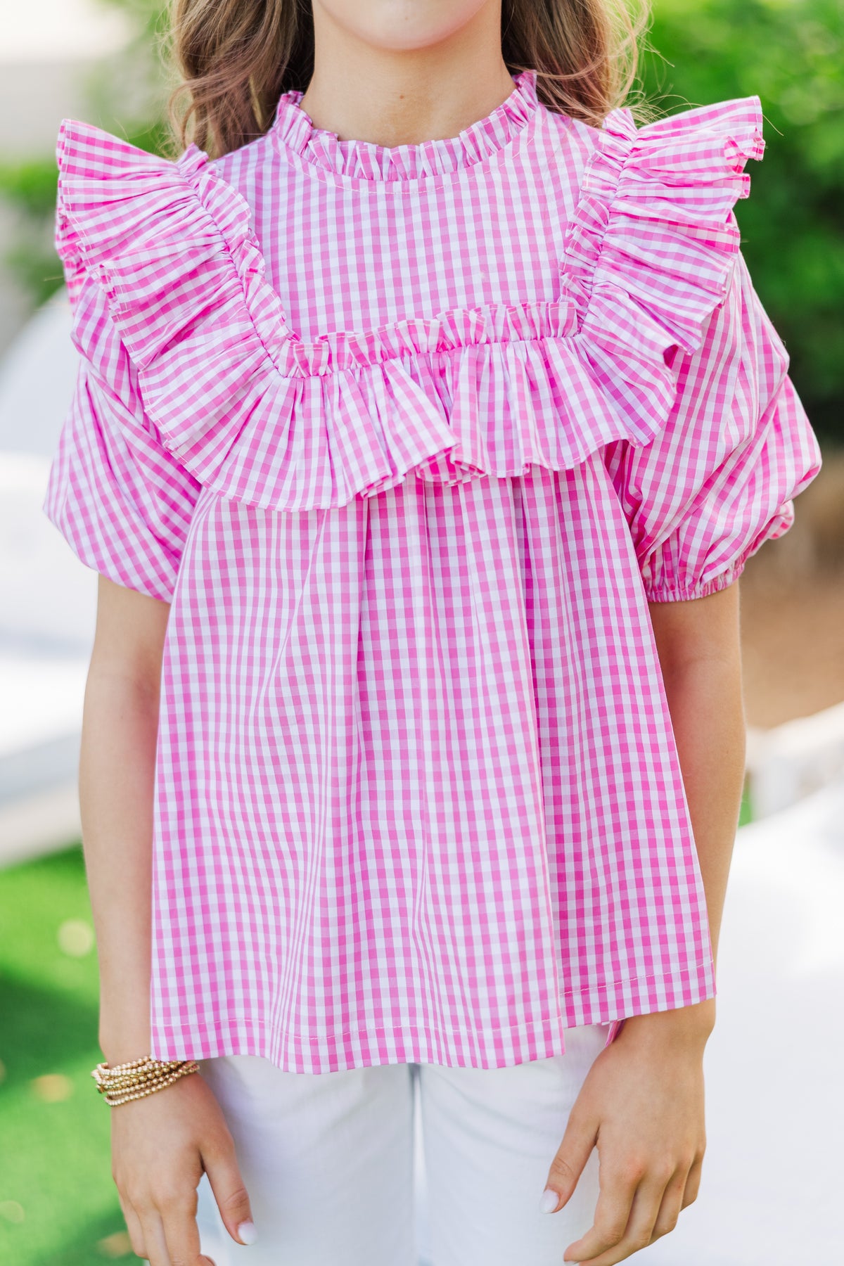 Girls: Make Your Choices Pink Gingham Ruffled Blouse – Shop the Mint