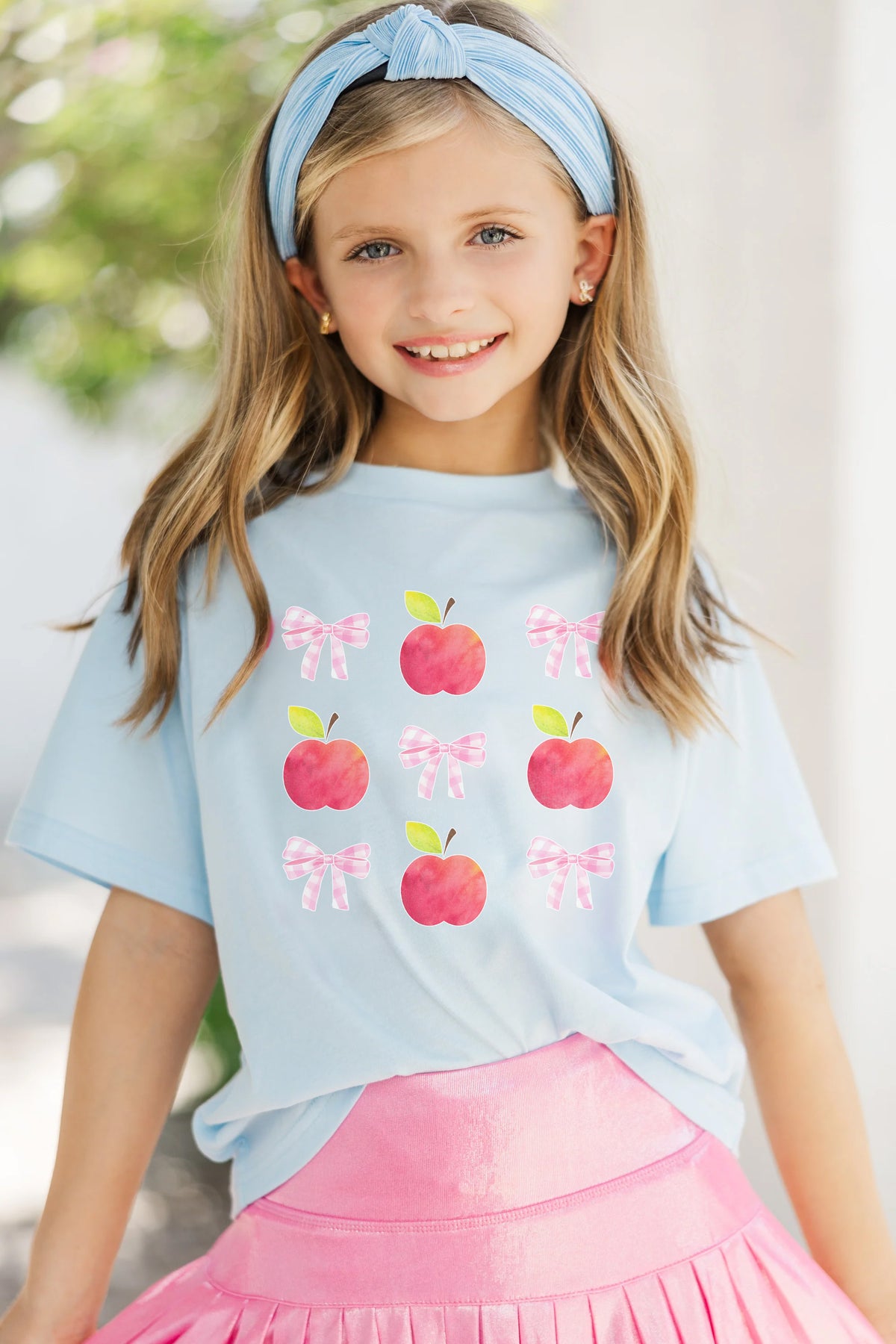 Girls: Apples & Gingham Bows Light Blue Graphic Tee – Shop the Mint