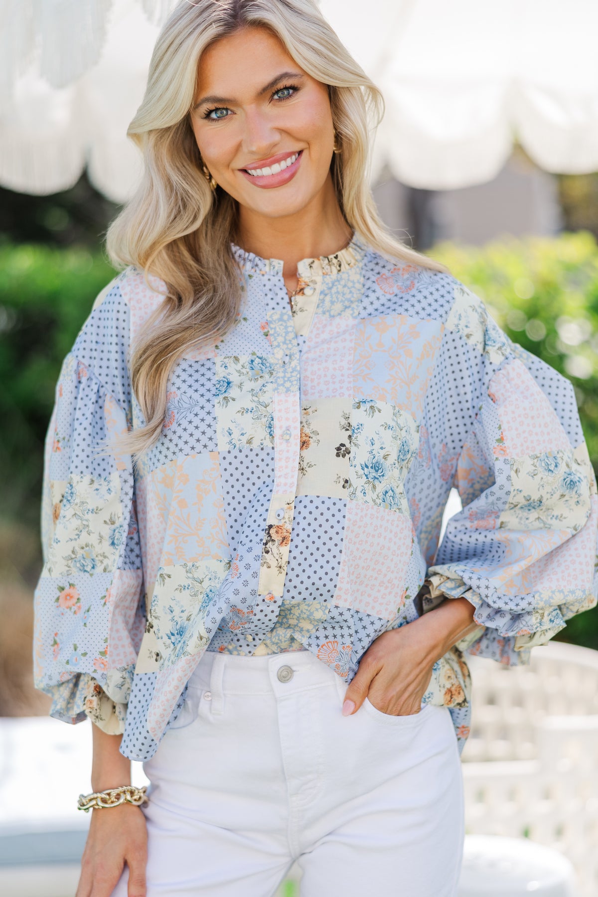 Take Your Turn Light Blue Mixed Print Blouse – Shop the Mint