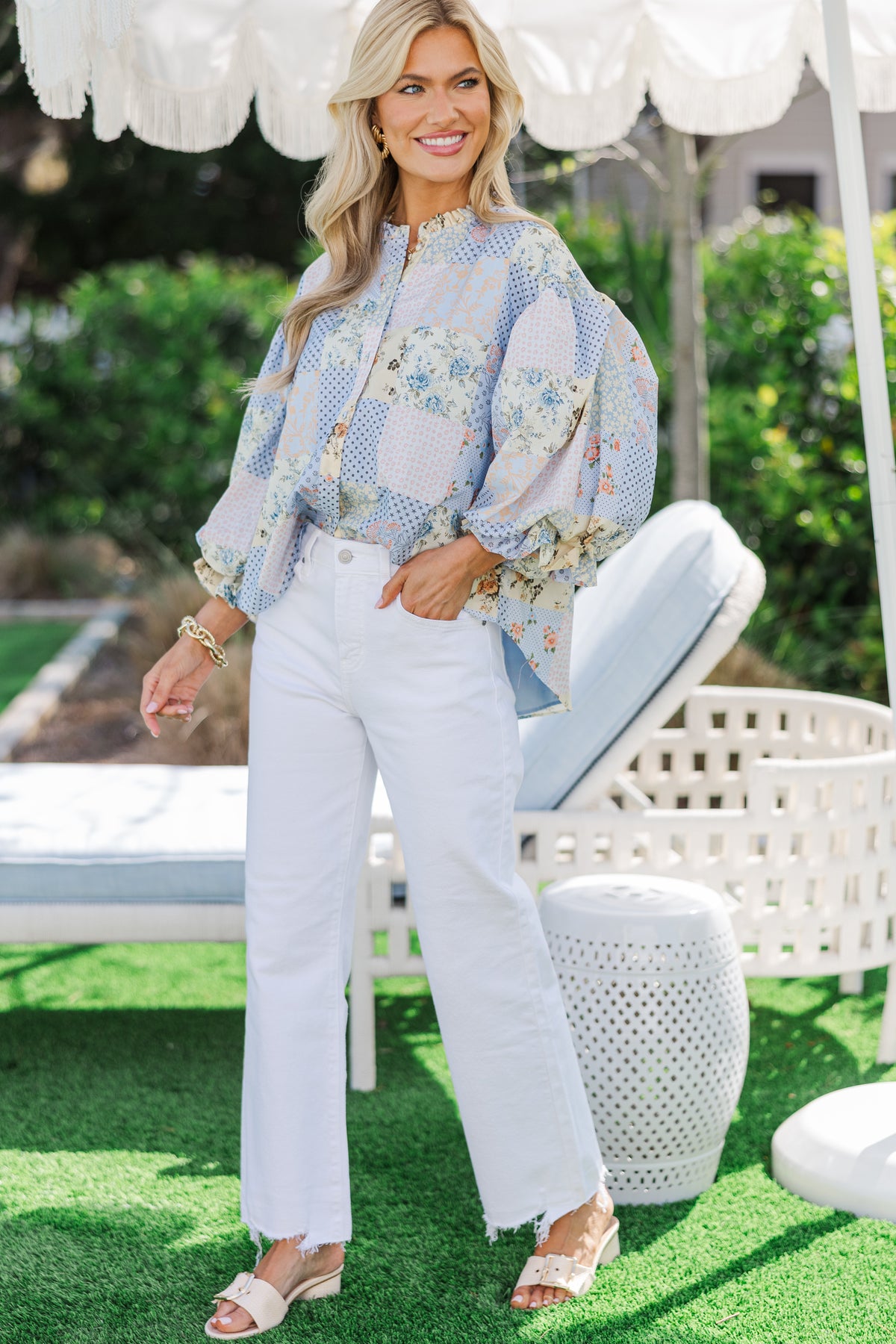 Take Your Turn Light Blue Mixed Print Blouse – Shop the Mint