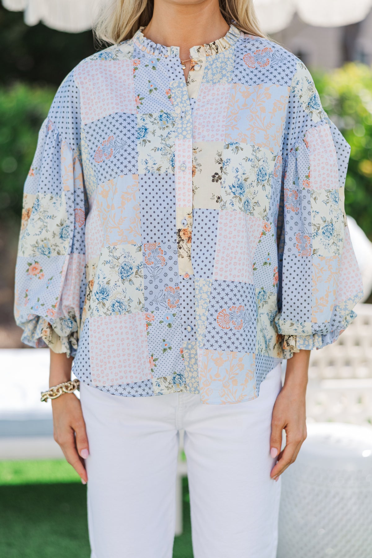 Take Your Turn Light Blue Mixed Print Blouse – Shop the Mint