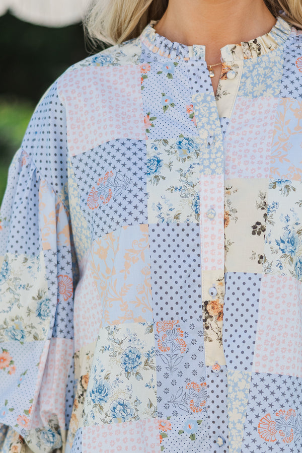 Take Your Turn Light Blue Mixed Print Blouse – Shop the Mint