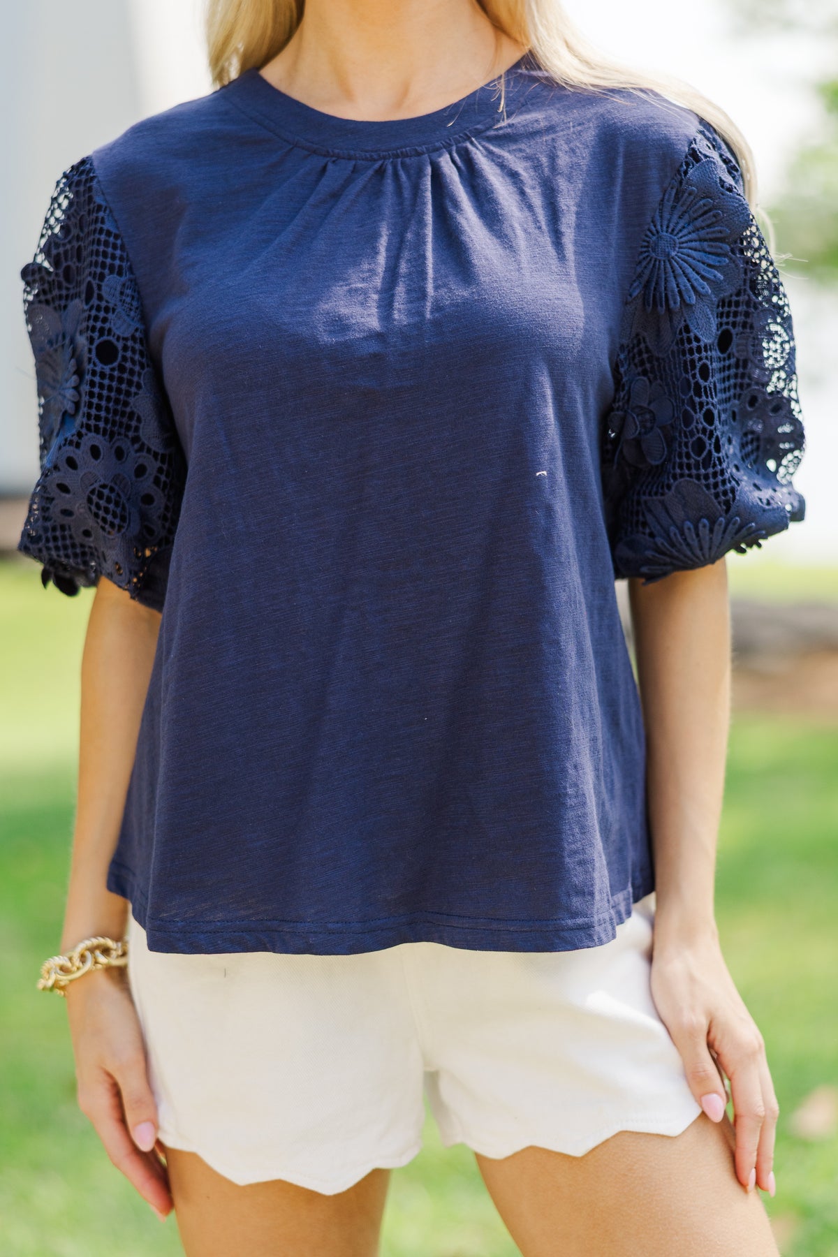 Show Your True Colors Navy Blue Lace Sleeve Blouse – Shop the Mint