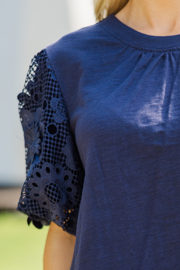 Show Your True Colors Navy Blue Lace Sleeve Blouse – Shop the Mint