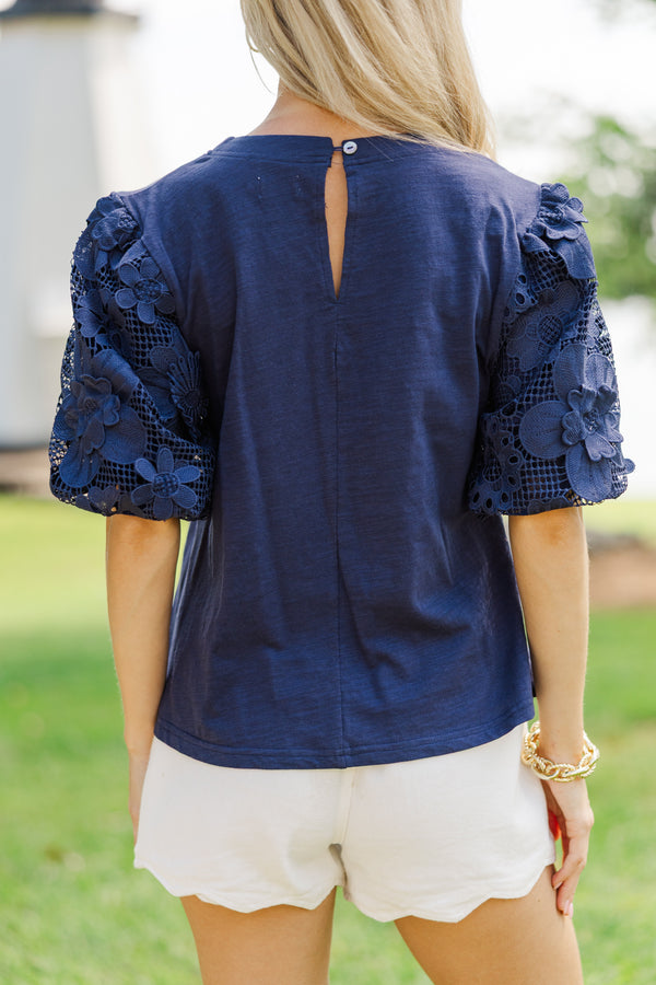 Show Your True Colors Navy Blue Lace Sleeve Blouse – Shop the Mint