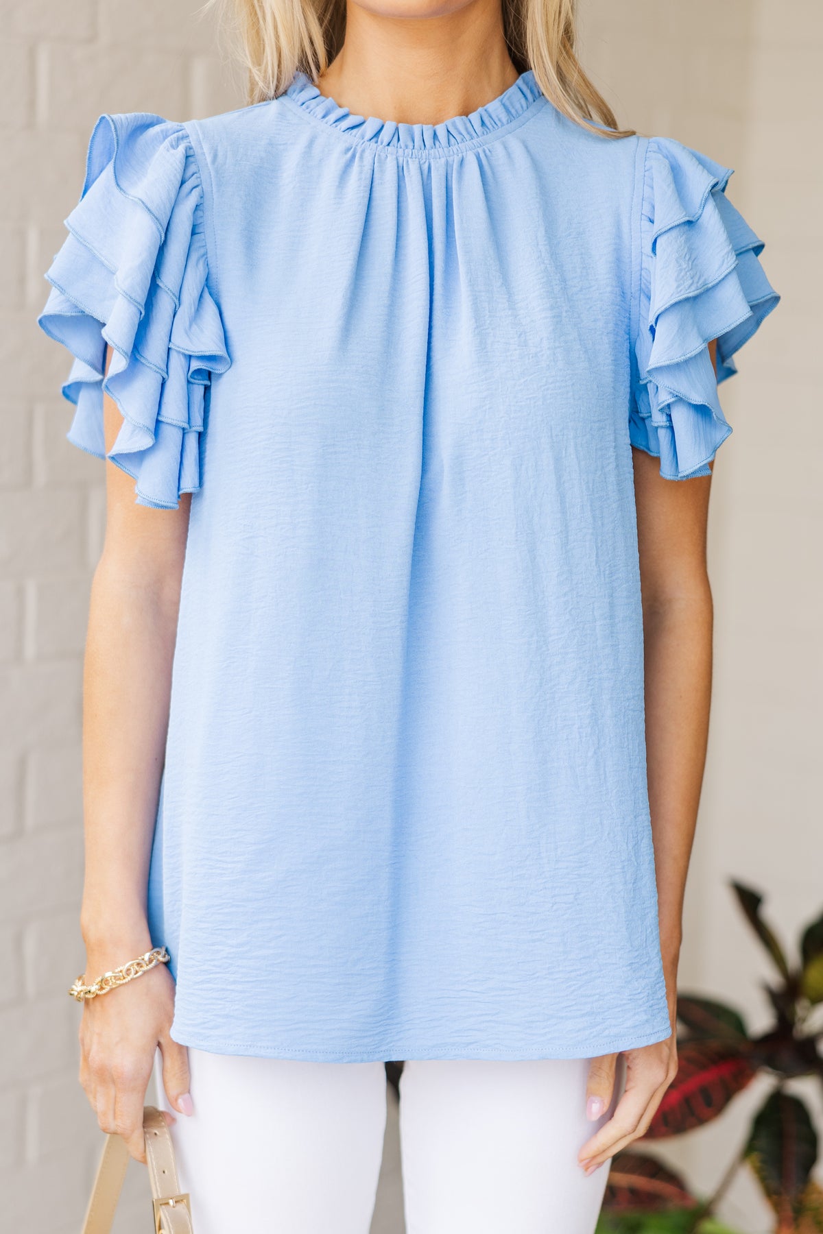See You Out Light Blue Ruffled Blouse – Shop the Mint