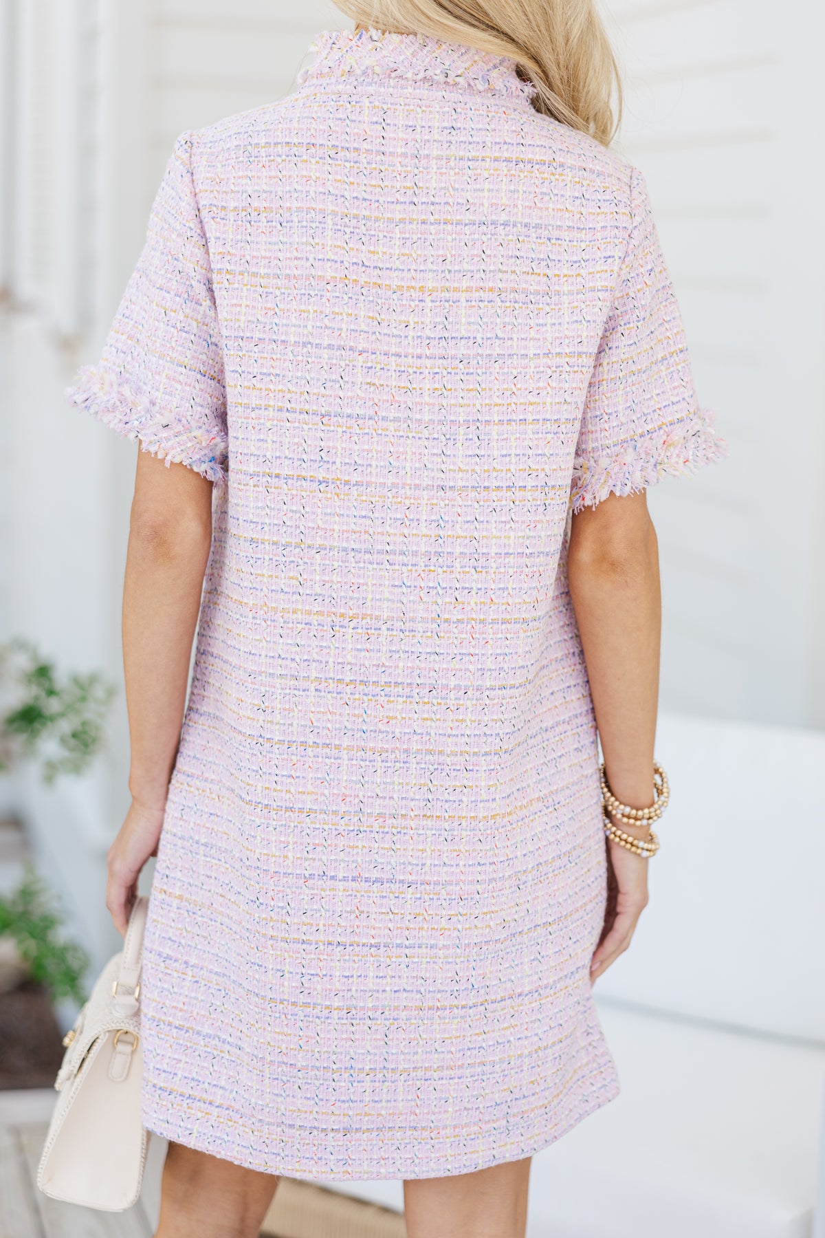 The Reaction Pink Tweed Fringe Dress – Shop the Mint