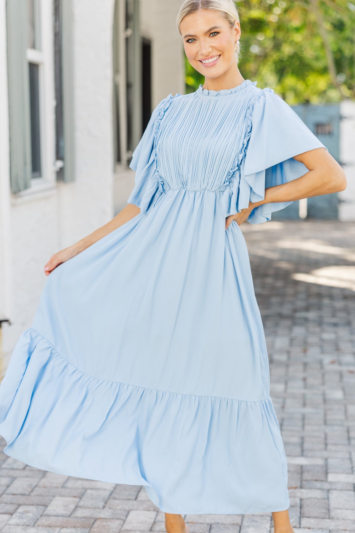 All The Good Light Blue Ruffled Midi Dress – Shop the Mint