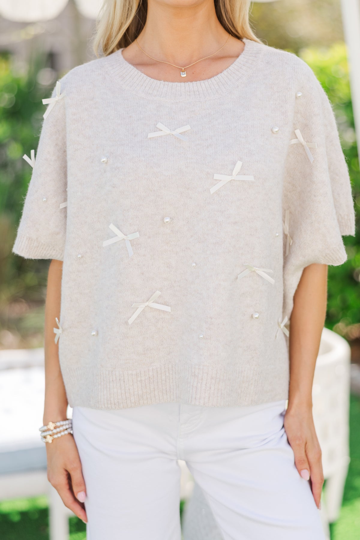 No One Else Cream Pearl & Bow Sweater – Shop the Mint