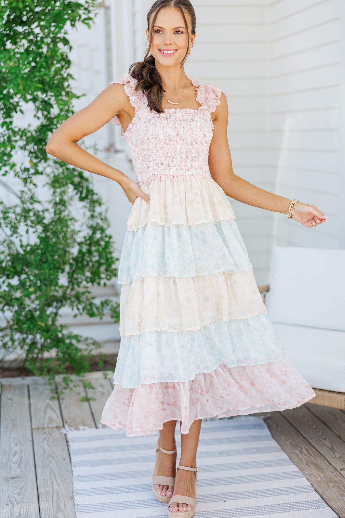 The Chance Pink Smocked Midi Dress – Shop the Mint