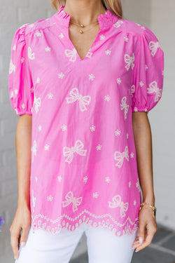 Tie It Together Hot Pink Bow Embroidered Blouse – Shop the Mint
