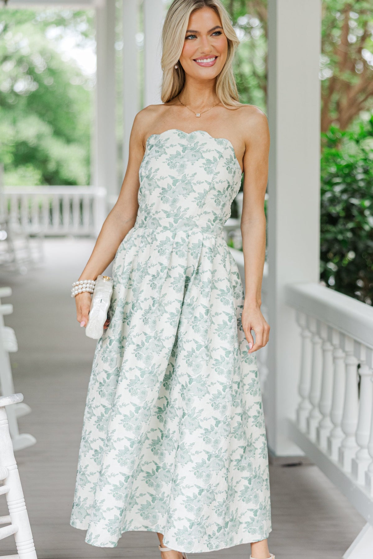 It Was All A Dream Sage Floral Brocade Strapless Midi Dress – Shop the Mint