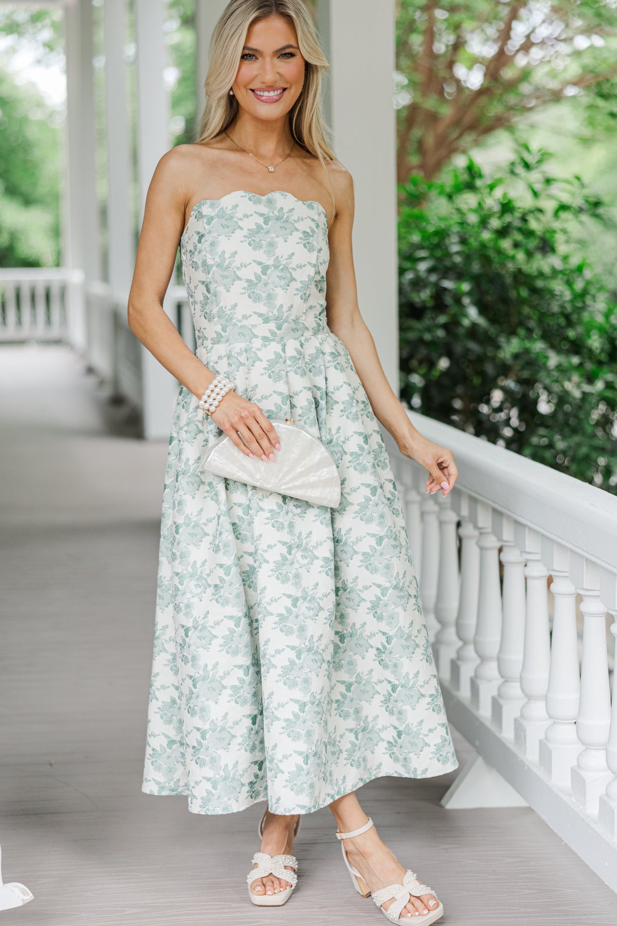 It Was All A Dream Sage Floral Brocade Strapless Midi Dress – Shop the Mint